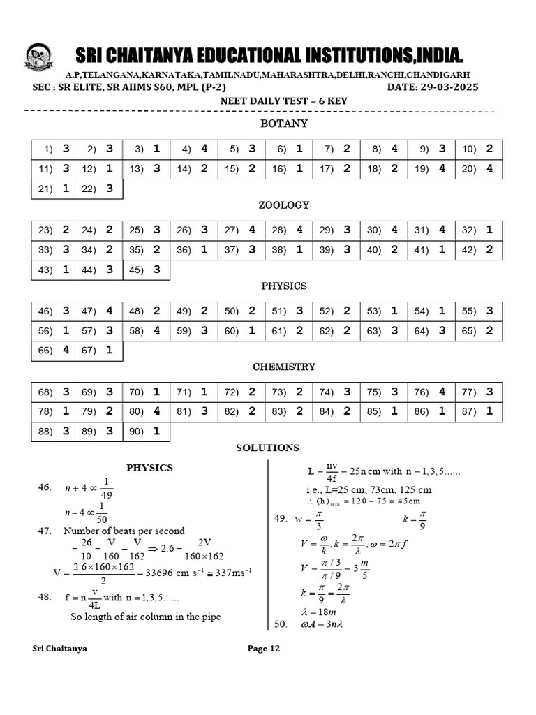 SR Elite, SR Aiims S60, MPL (P-2) Neet Daily Test - 6 Paper Key (29-03 ...