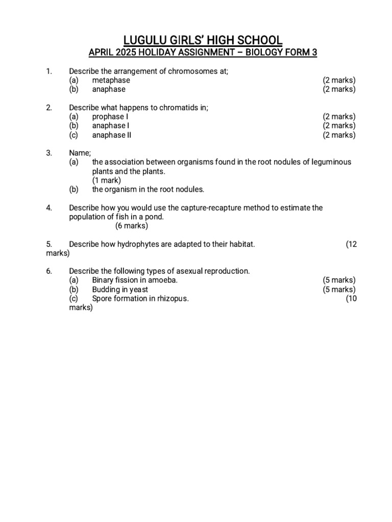 F3 Bio April Assignment 2025 Assignments - Form 3 - Biology | PDF