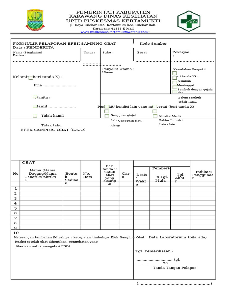 PDF Formulir Pelaporan Efek Samping Obat - Compress | PDF