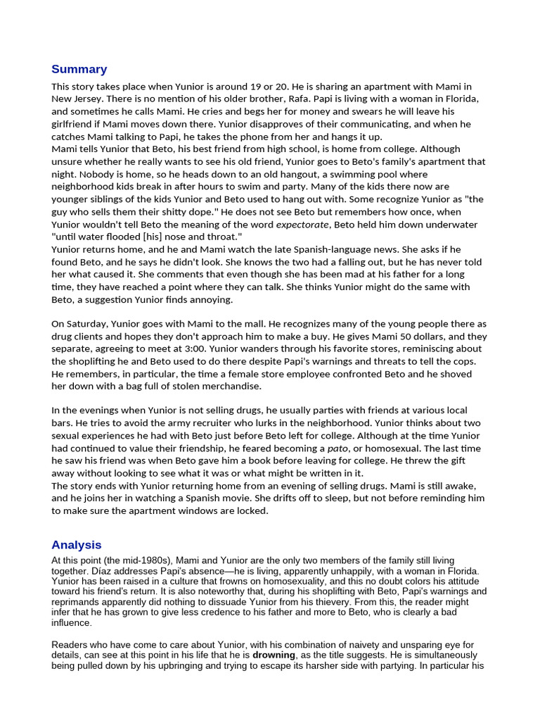 DROWN by Junot Diaz - Summary | PDF | Postcolonialism