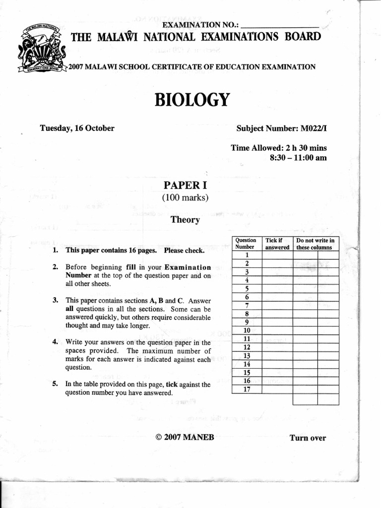 2007 Msce Biology Paper L | PDF | Histology | Zoology