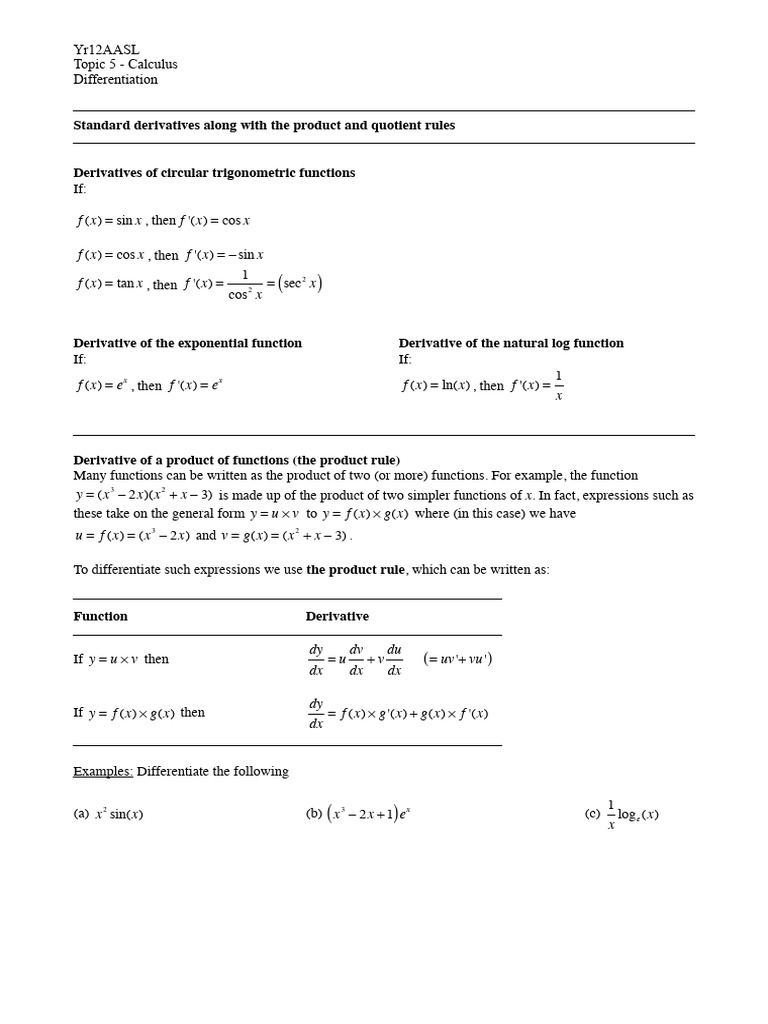 Standard Derivatives, Product, Quotient Rules | PDF | Trigonometric ...
