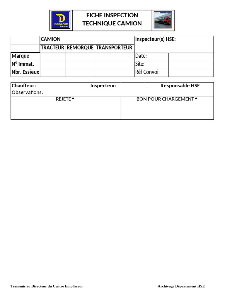 Fiche Inspection Technique Camion | PDF