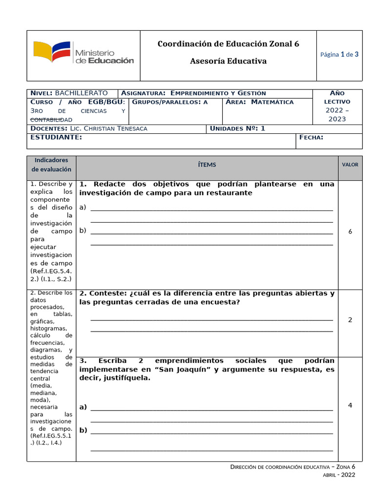 Diagnostica - Emprendimiento - 3ro Bgu | PDF | Economias | Business