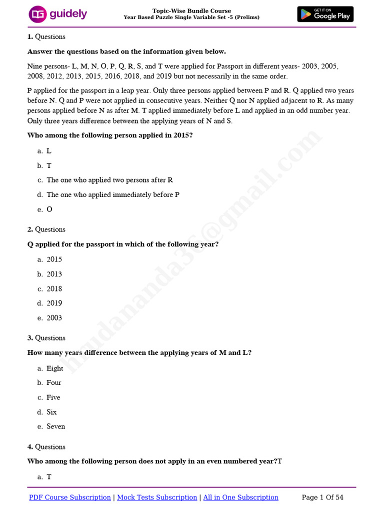 Year Based Puzzle Single Variable Set - 5 (Prelims) | PDF