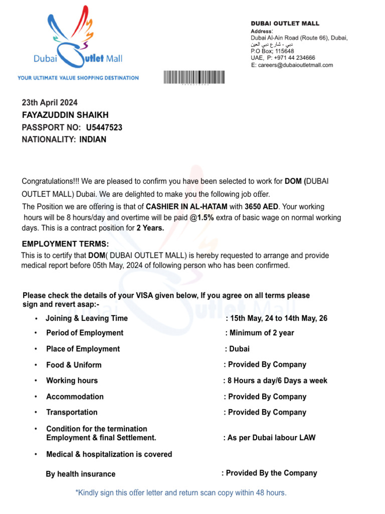 Cashier Job Offer at Dubai Outlet Mall | PDF | Labour Law | Employment