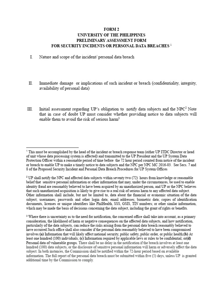 Preliminary Assessment Form For Security Incidents or Personal Data Breaches | PDF | Risk | Justice