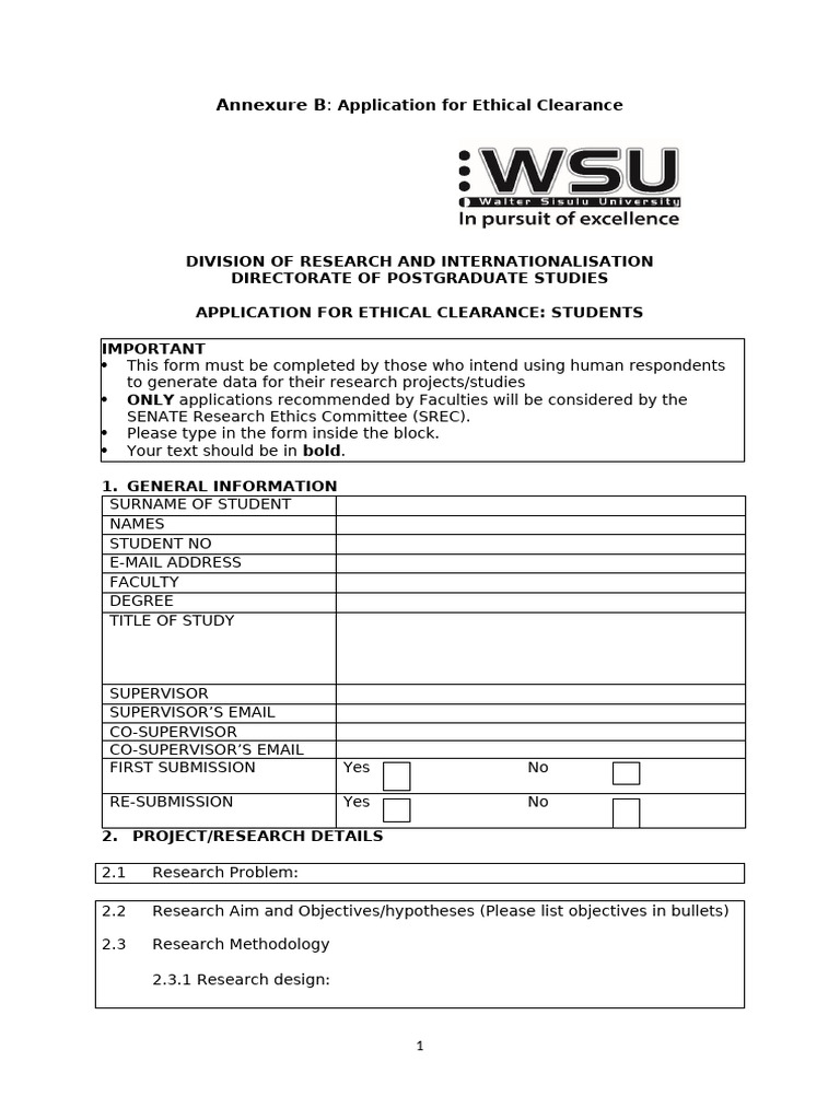New Ethical Clearance Application Form For Wsu Students | PDF ...