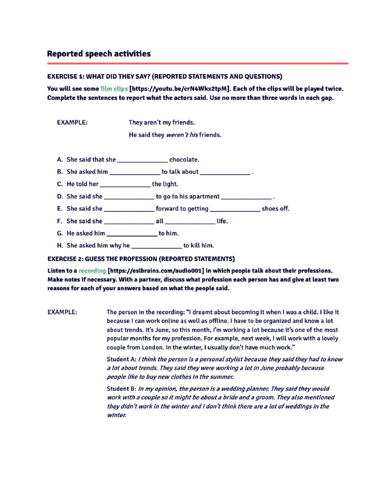 Reported Speech Activities | PDF