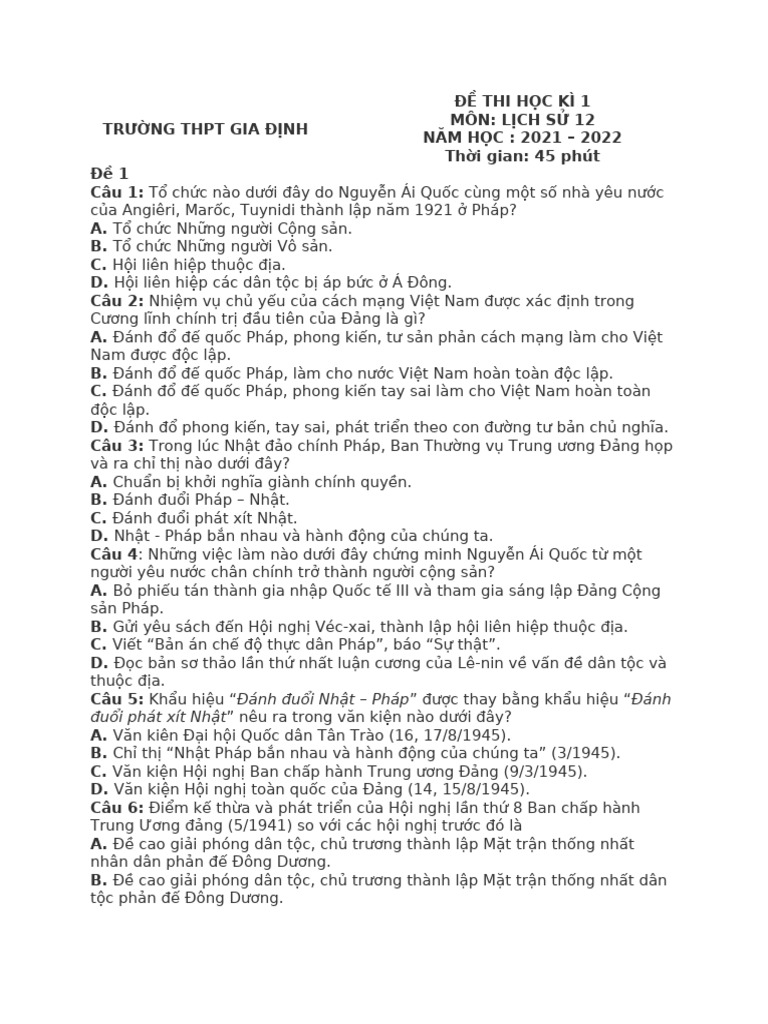 De Lich Su Thi Cuoi Ki 1 | PDF