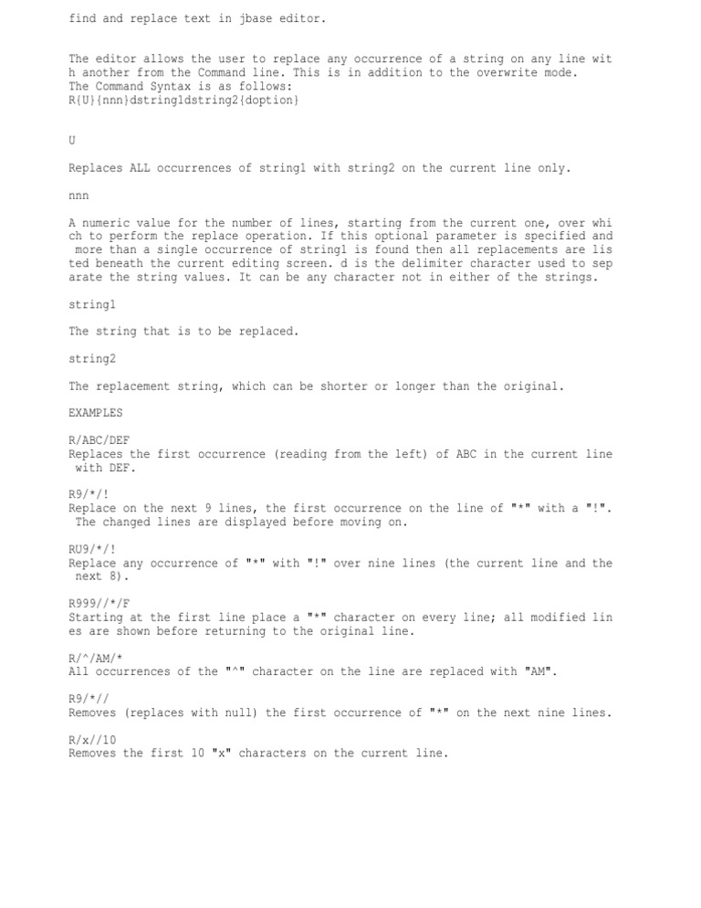 Jbase Editor Find and Replace | PDF | String (Computer Science) | Command Line Interface