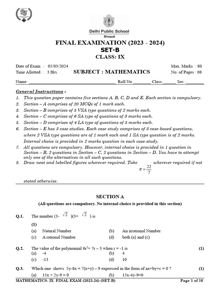 Math - Ix Final Exam (2023-24) (Set-B) | PDF | Circle | Elementary Geometry