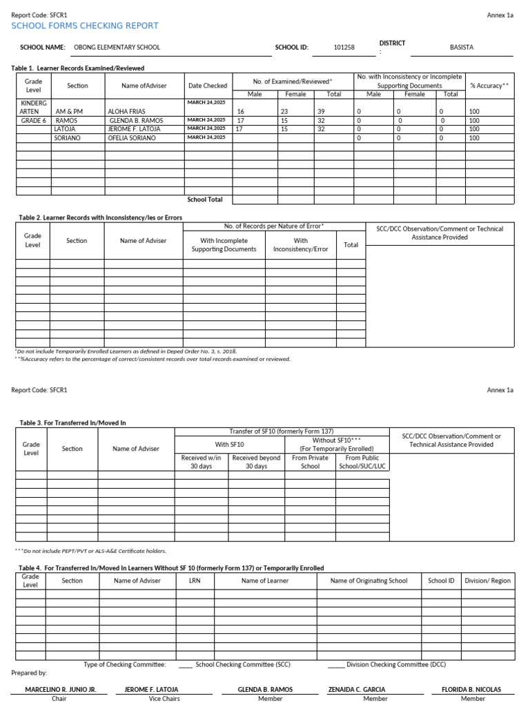 School Forms Checking Report | PDF