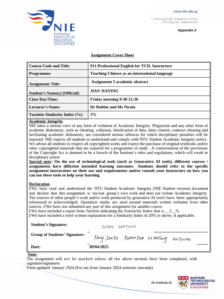 NIE Assignment 4 Cover Sheet - Jan 2025 | PDF | Academic Integrity ...