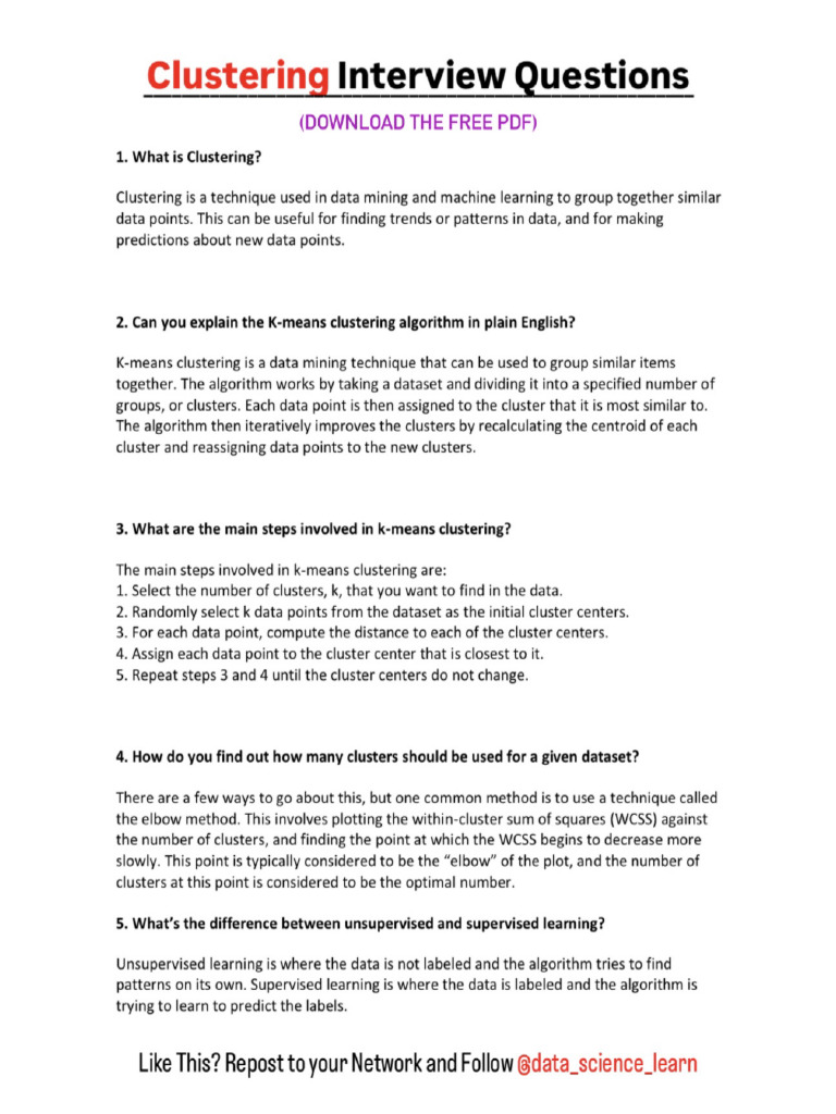 Clustering Interview Questions for Data Scientists | PDF