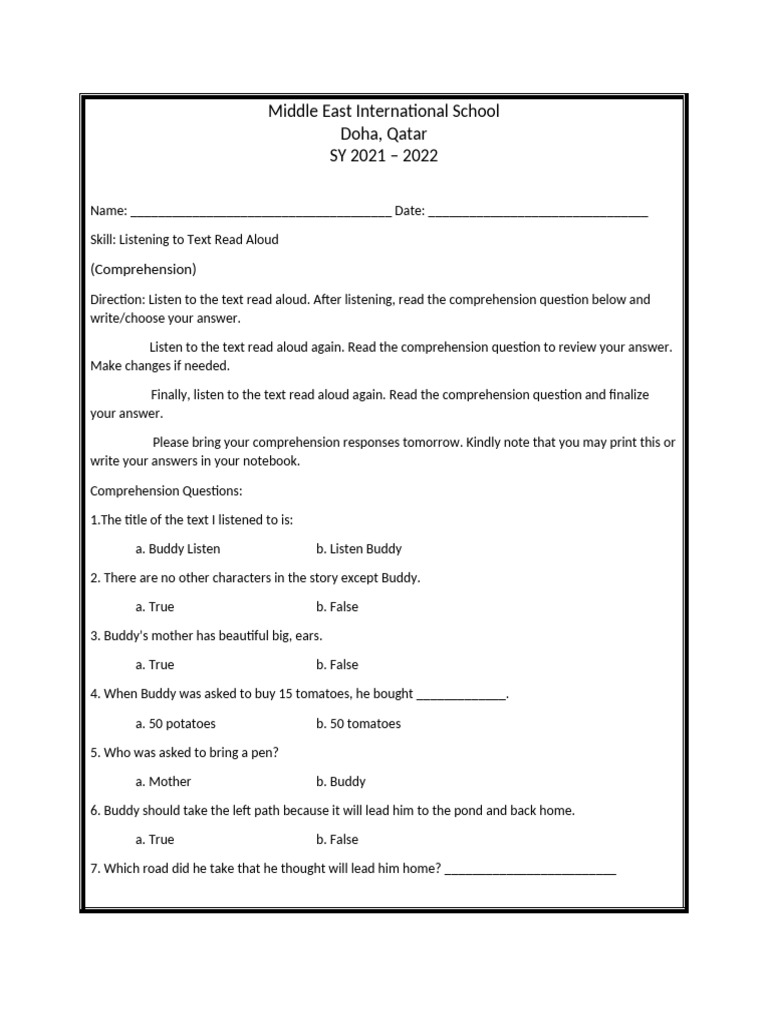 Listen To Read Aloud Comprehension Question Sept 21 | PDF | Cognition