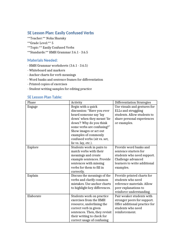 5E Lesson Easily Confused Verbs Updated | PDF | Lesson Plan | Cognitive ...