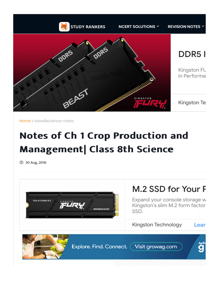 Notes of CH 1 Crop Production and Management - Class 8th Science | PDF ...