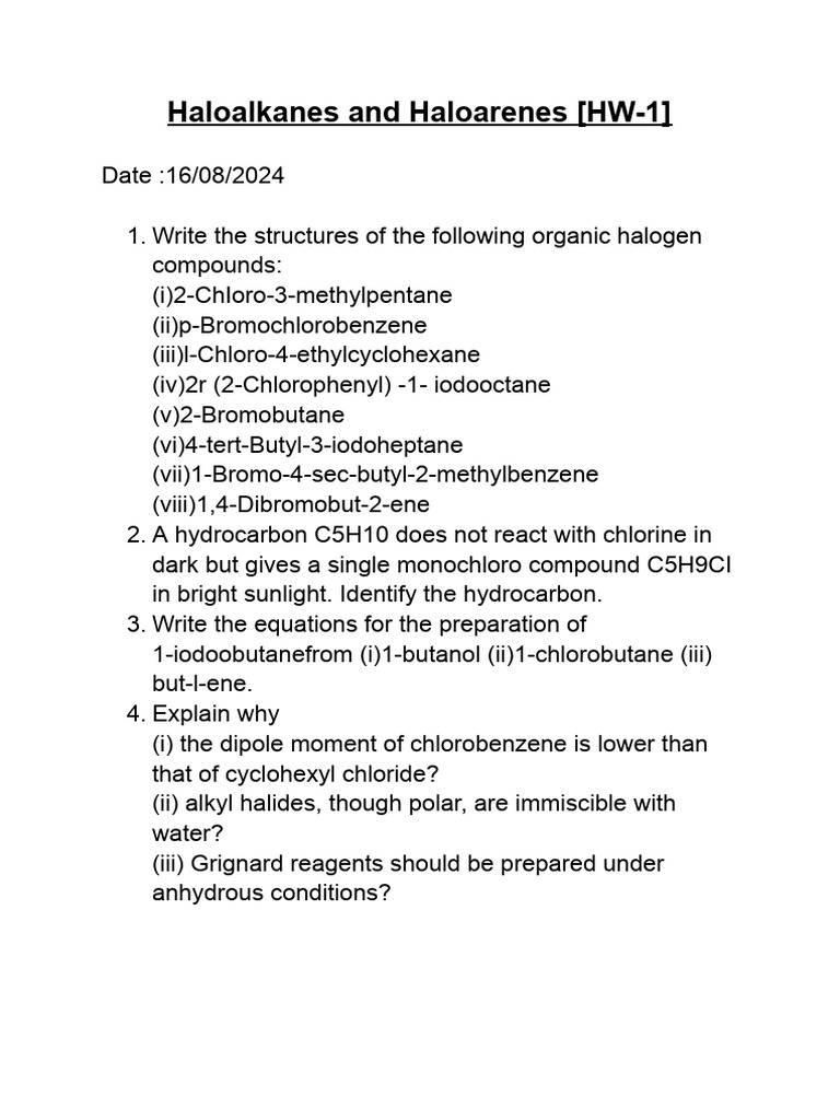 Haloalkanes and Haloarenes (HW-1) | PDF