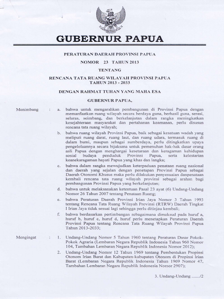 Perda Nomor 23 Tahun 2013 Ttg RTRW Provinsi Papua | PDF
