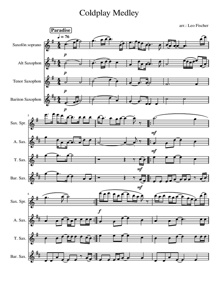 Coldplay Saxophone Medley Arrangement | PDF | Classical Music ...