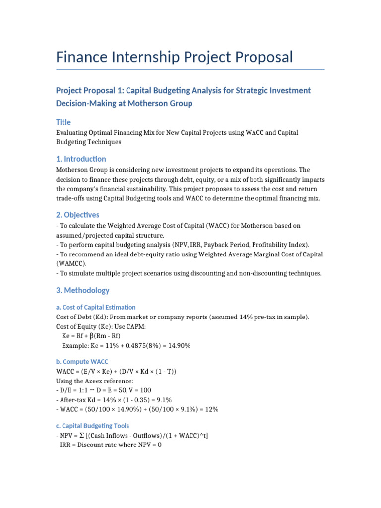Finance Internship Project Proposal Motherson | PDF | Capital Budgeting ...