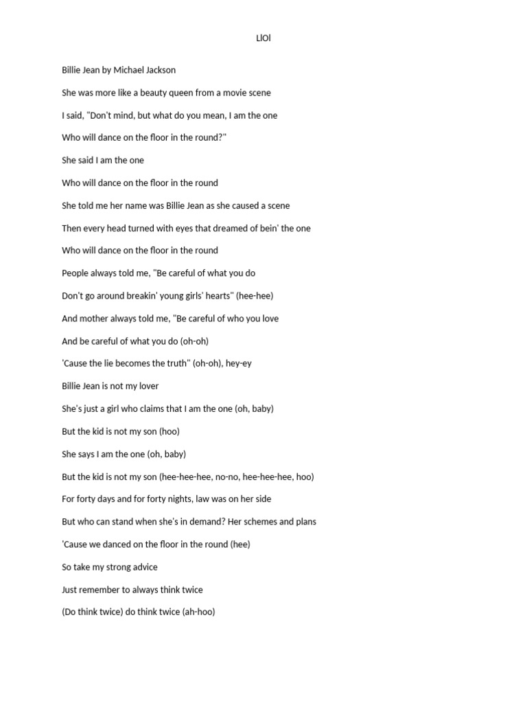 Billie Jean Lyrics by Michael Jackson | PDF | Michael Jackson
