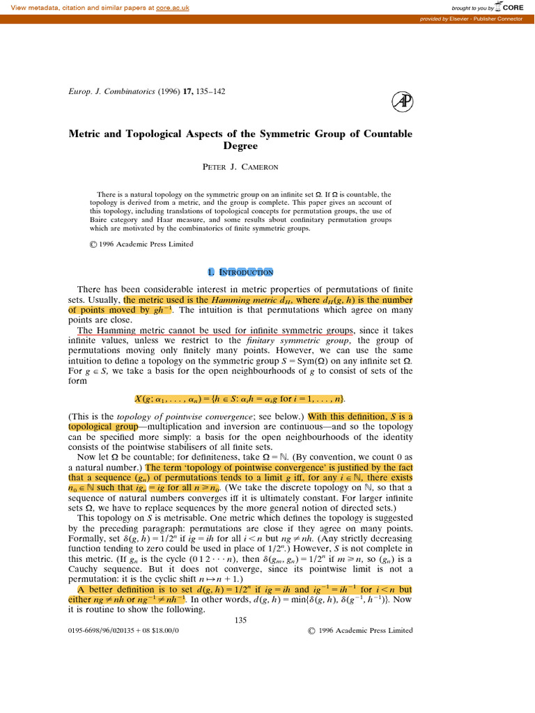 Metric and Topological Aspects of The Symmetric Group of Countable ...