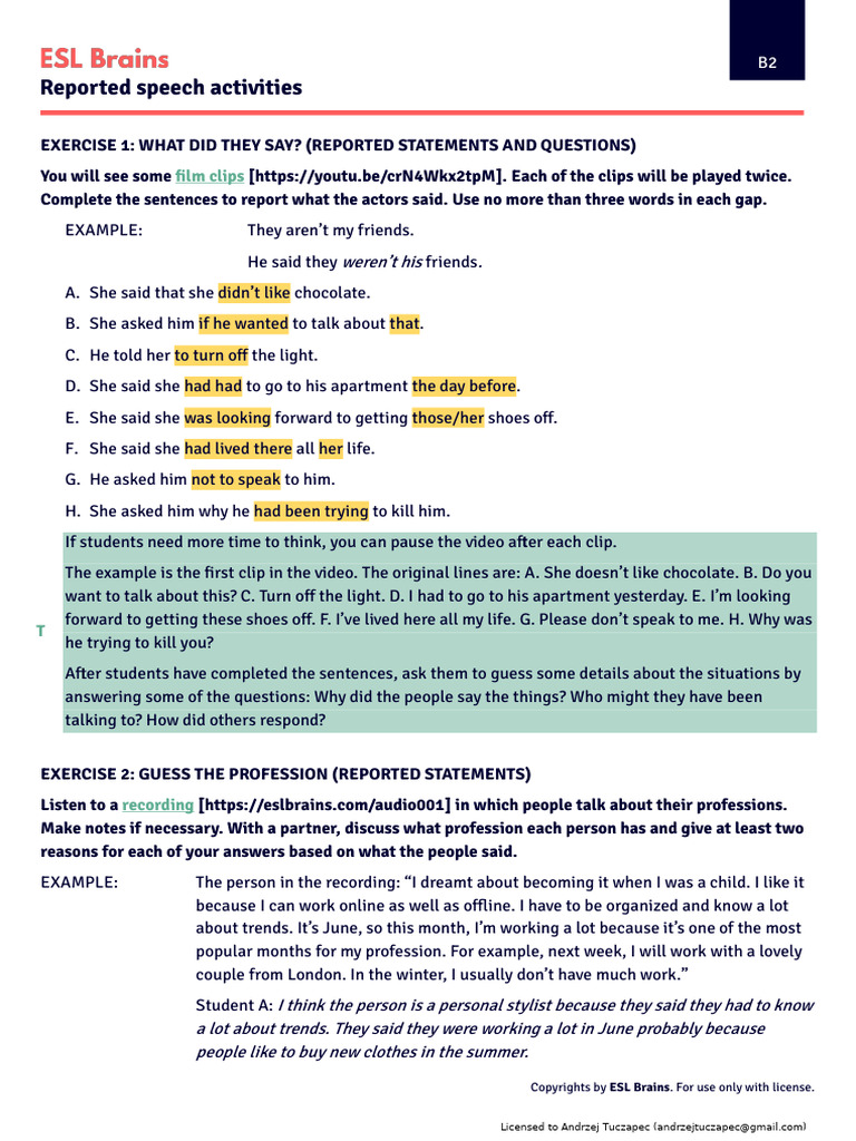 Reported Speech Activities Teacher | PDF