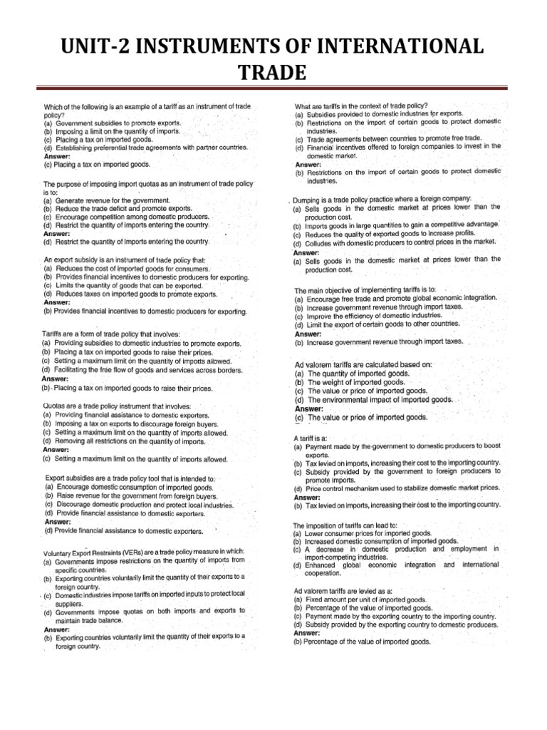 INTERNATIONAL TRADE UNIT-2 TEST | PDF