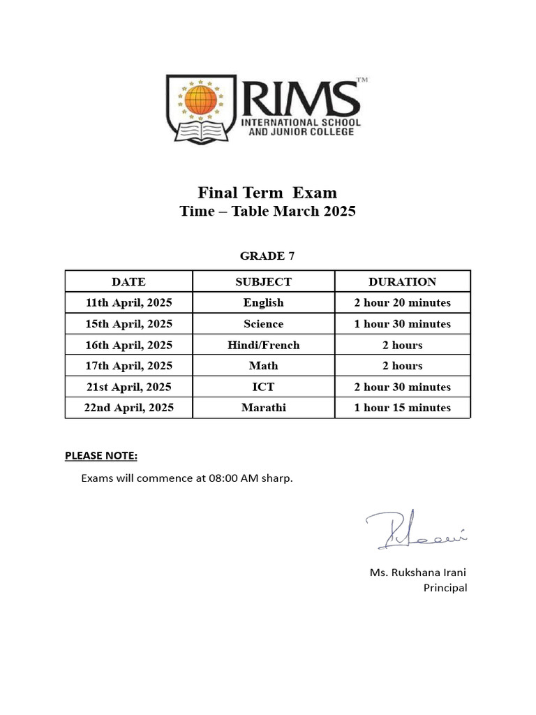 Final Term Exam: Time - Table March 2025 | PDF