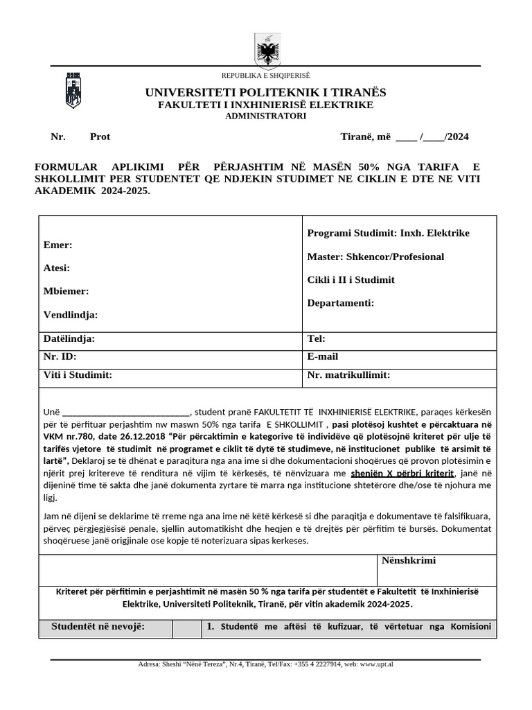 Formular Aplikimi Per Perjashtim Ne Masen 50 Nga Tarifa e Shkollimit 2023 2024 | PDF