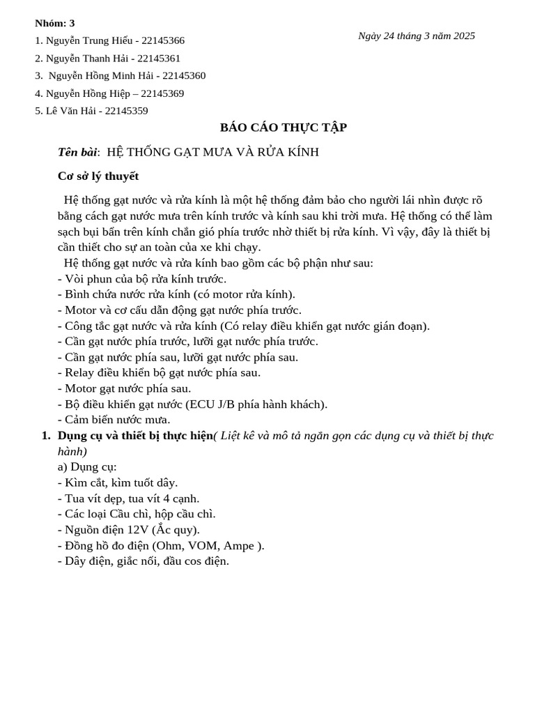BCTT_Nhóm 3_Bài 2 Hệ Thống Gạt Mưa Và Rửa Kính. | PDF