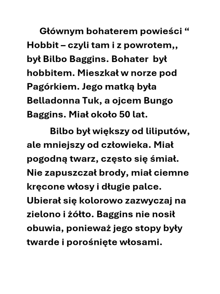 Hobbit Charakterystyka Bilbo Bagginsa | PDF