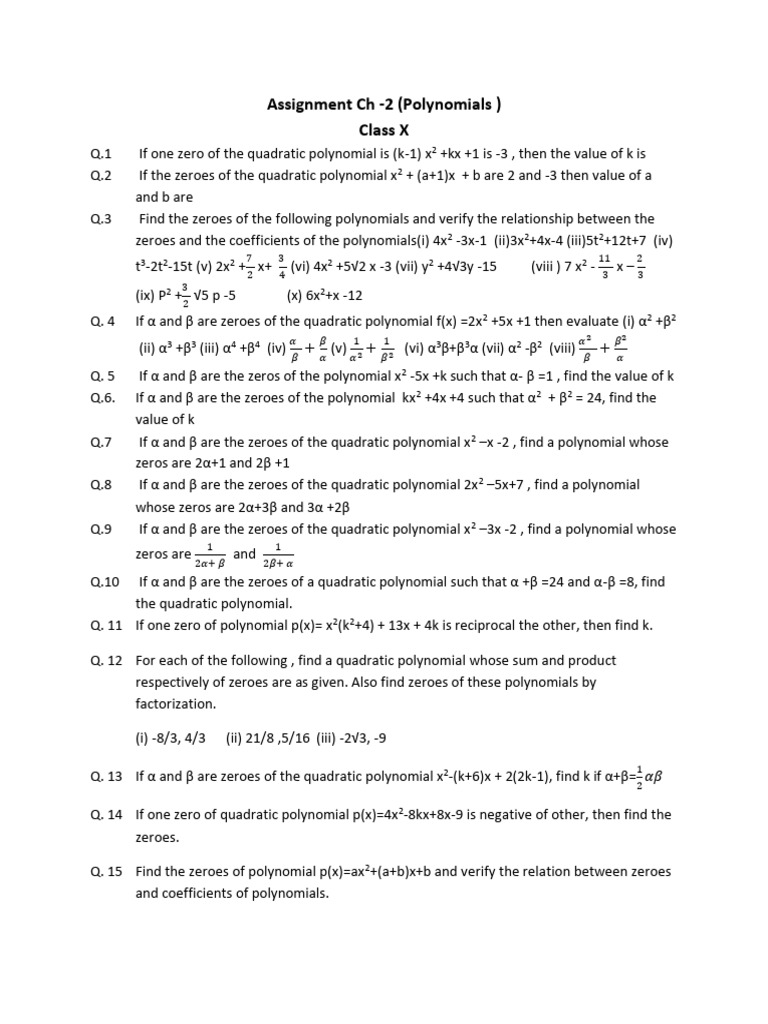 Assignment Chapter 2 Class 10 | PDF | Polynomial | Zero Of A Function