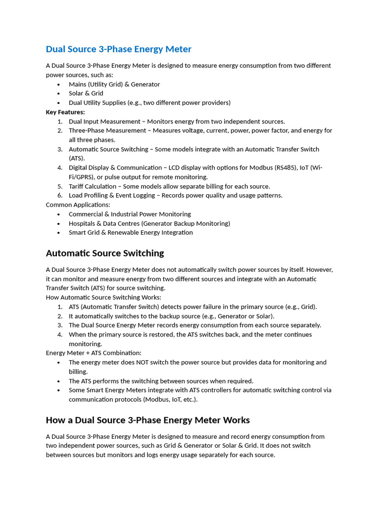 Dual Source 3-Phase Energy Meter Guide | PDF | Electrical Grid | Mains ...