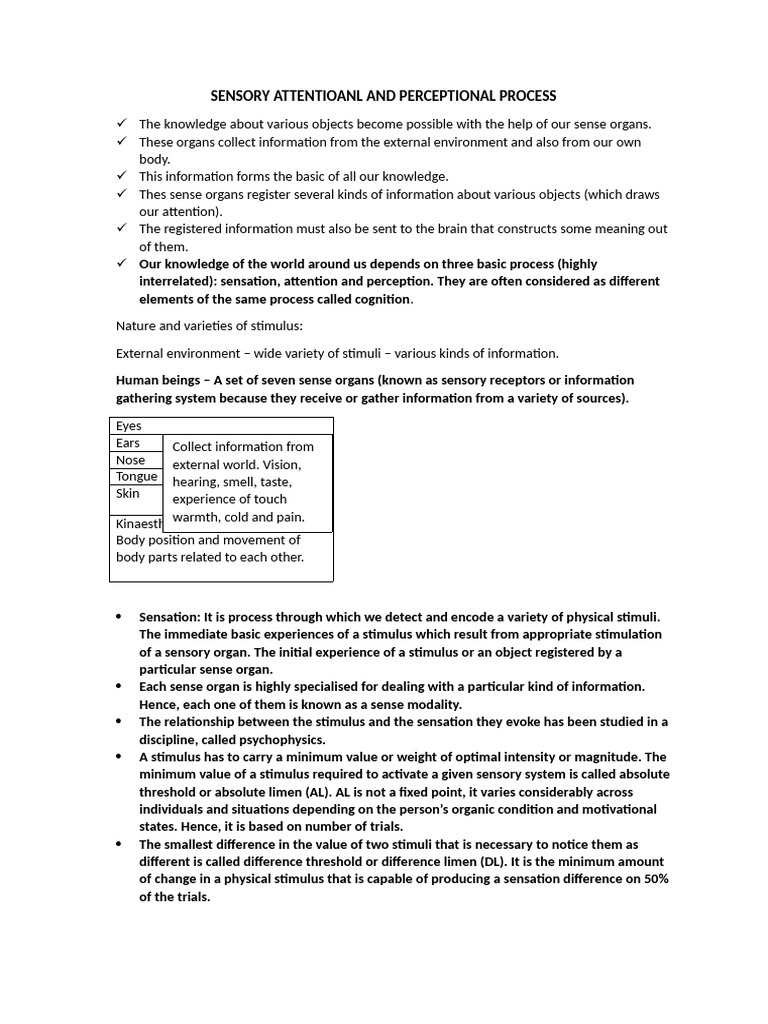 Sensory Attentioanl and Perceptional Process Notes | PDF | Senses ...