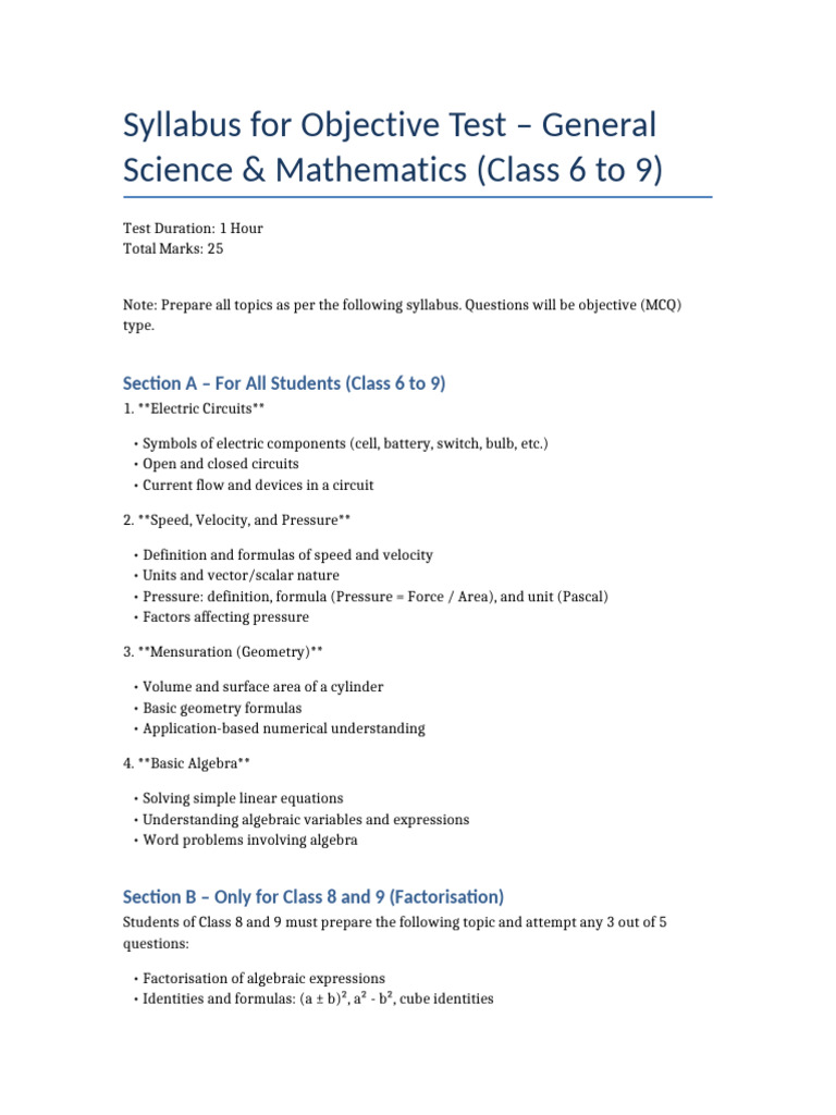 Syllabus Objective Test Class 6 To 9 | PDF