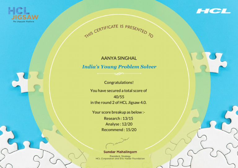 Aanya Singhal's HCL Jigsaw Score | PDF