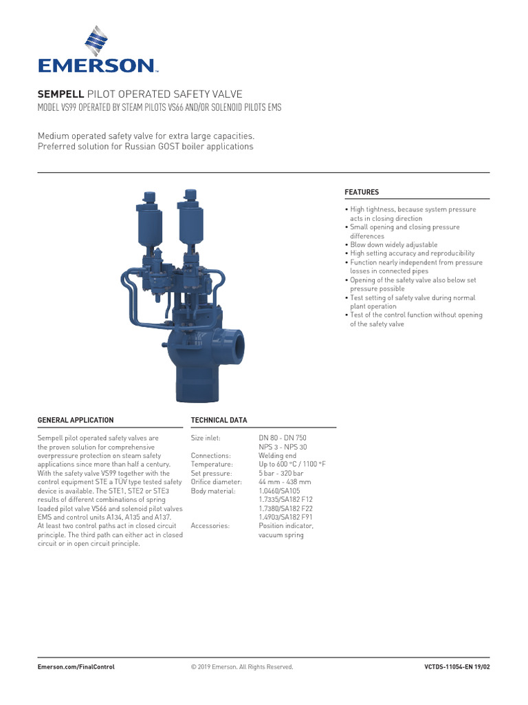 Data Sheets Pilot Operated Safety Valve Model vs99 Operated by Steam Pilots vs66 Solenoid Pilots ...