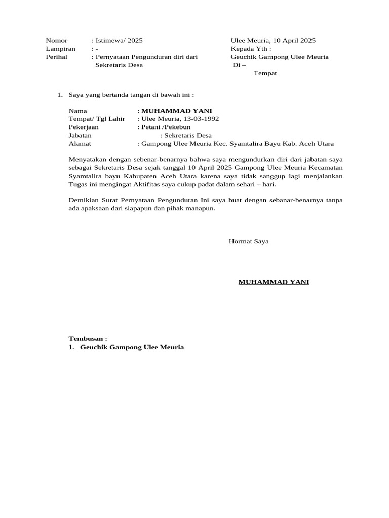 SURAT PENGUNDURAN DIRI MUHAMMAD YANI | PDF