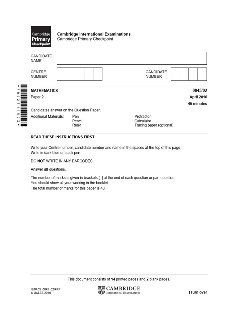 Cambridge Primary Checkpoint Math Exam | PDF