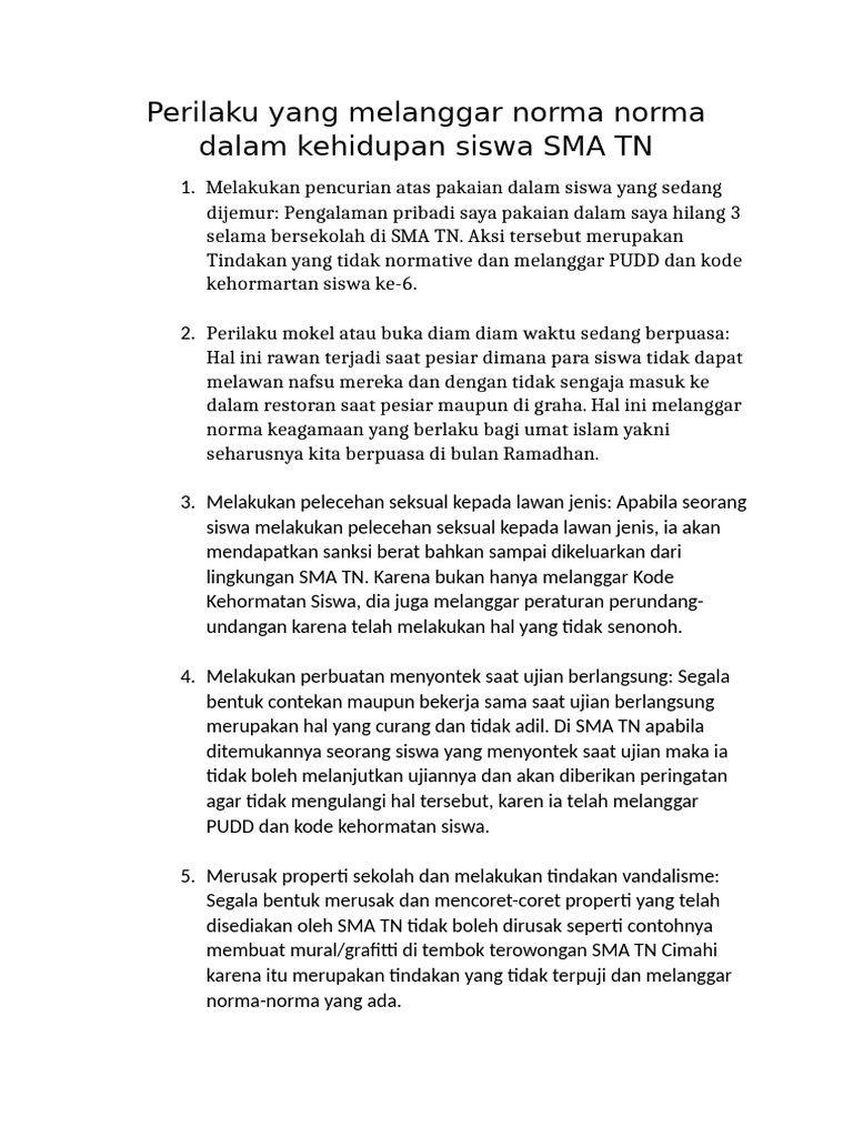 Perilaku Yang Melanggar Norma Norma Dalam Kehidupan Siswa SMA TN | PDF