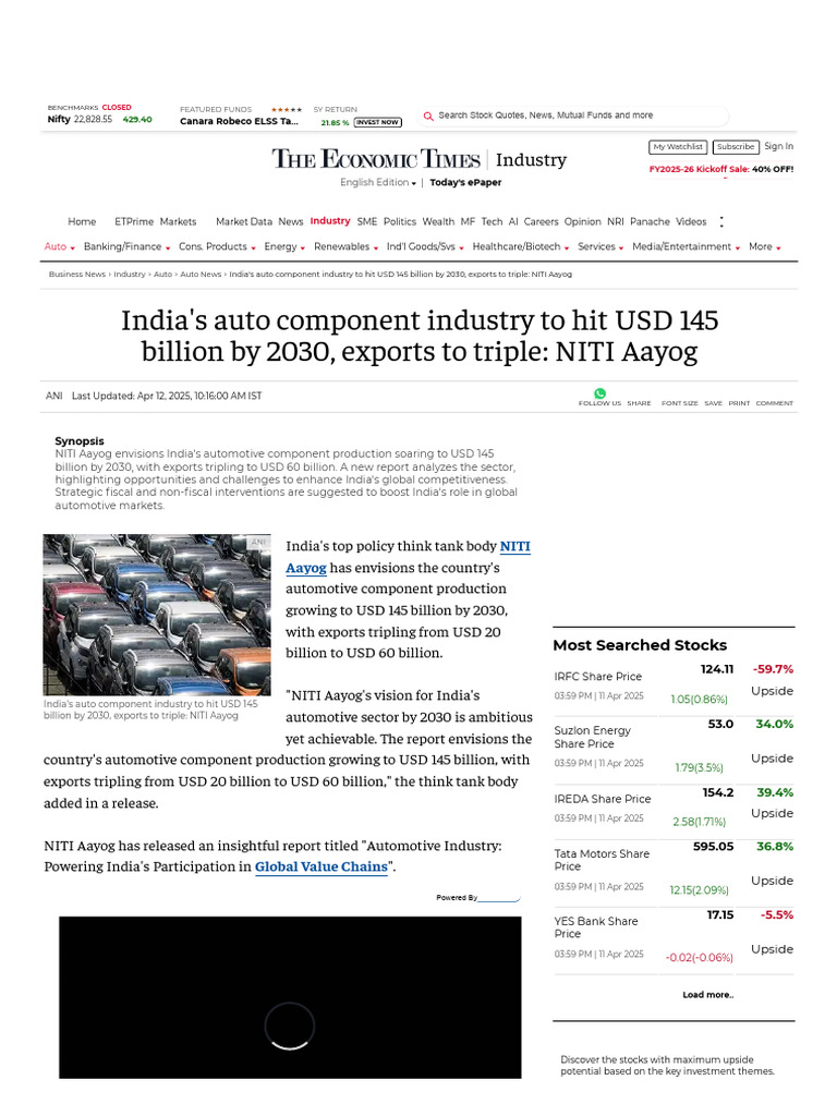 India's auto component industry to hit USD 145 billion by 2030, exports to triple_ NITI Aayog ...