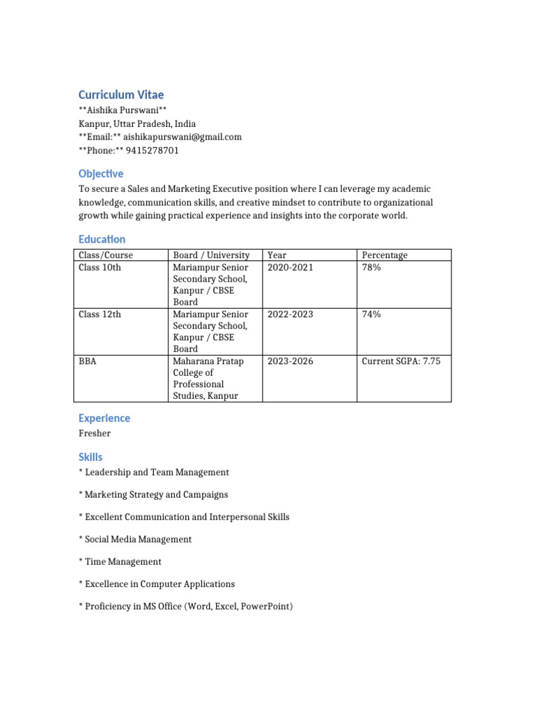 Aishika Purswani's CV for Sales Role | PDF