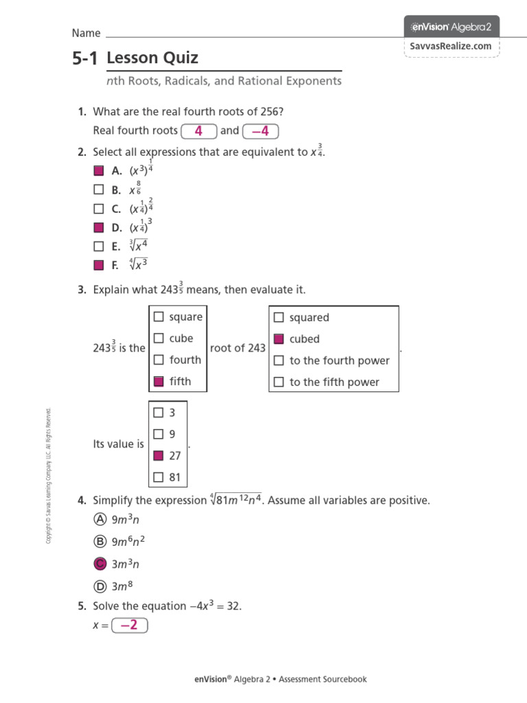 Answer Key - 5-1 - Lesson Quiz | PDF | Abstract Algebra | Elementary ...
