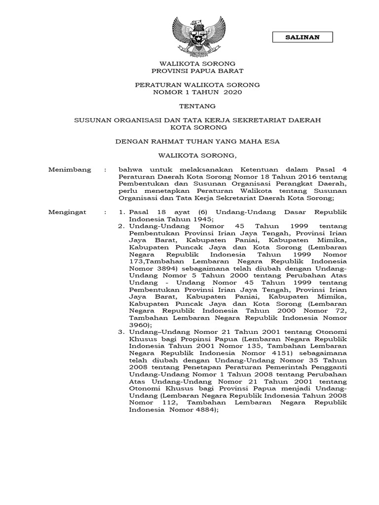 Salinan Perwali No. 1 Sotk Setda | PDF