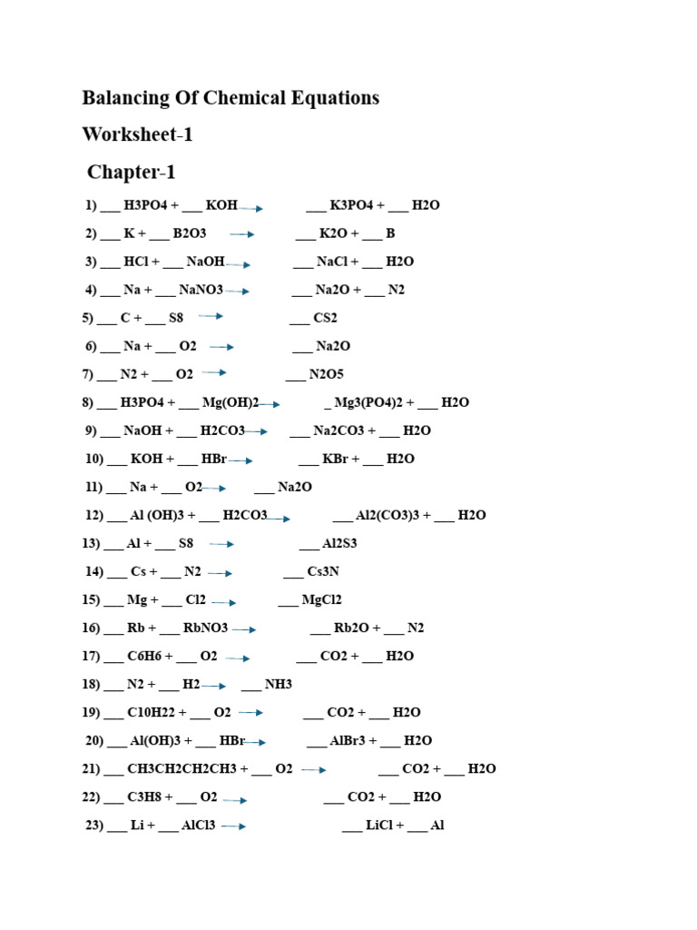 Balancing of Chemical Equations Worksheet ch1 | PDF