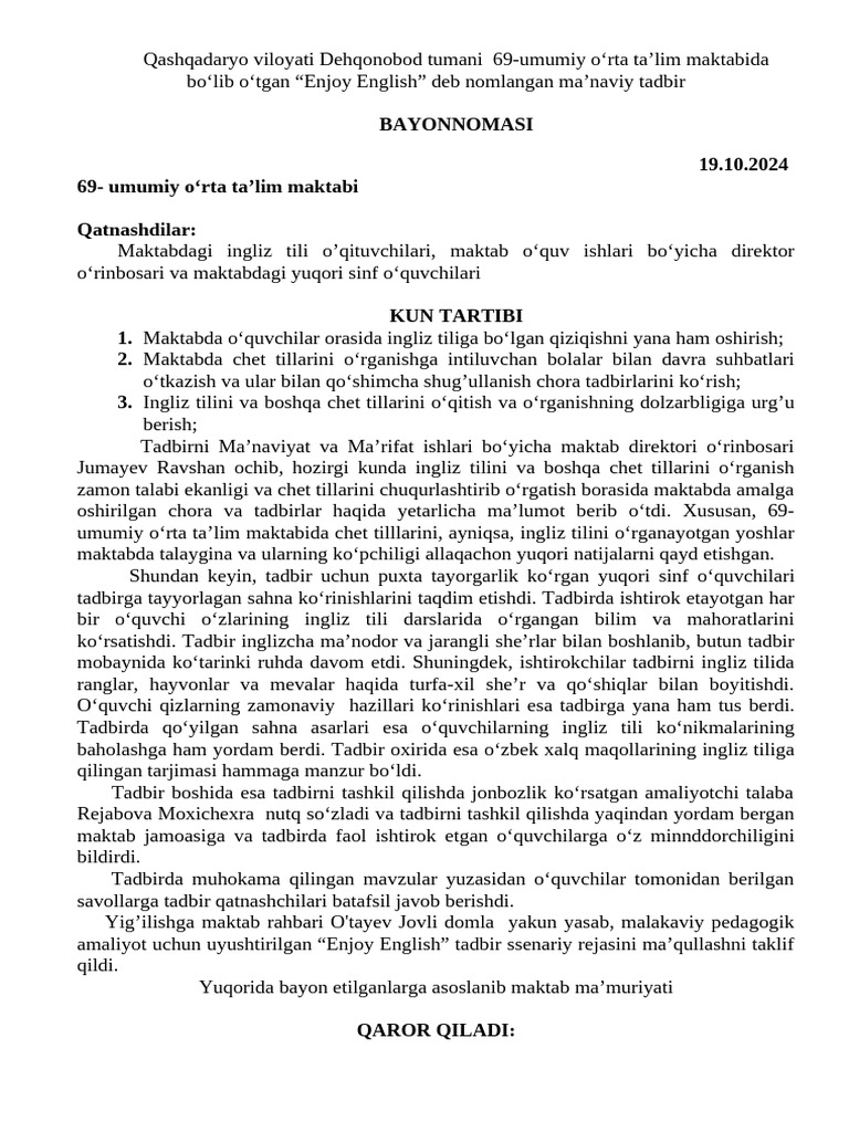 Bayonnoma Tadbir Uchun Rejabova Moxichexra 12 | PDF