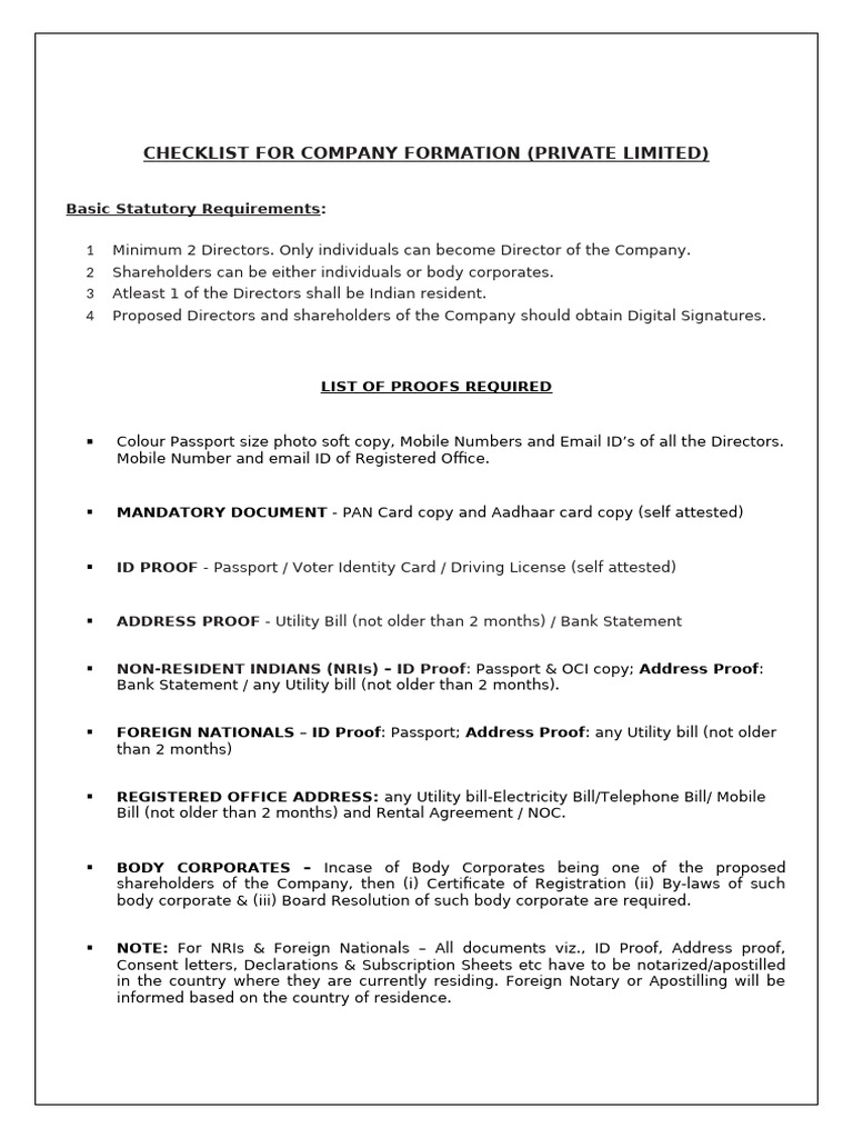 Private Limited Company Formation Checklist | PDF | Business